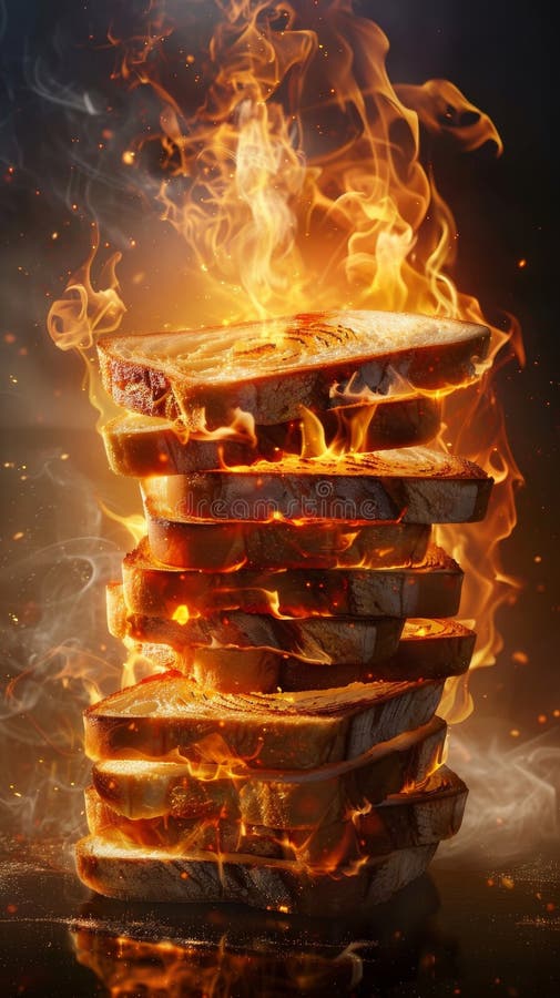 Stack of Toasted Bread Slices on Fire with Flames and Smoke Stock Image ...