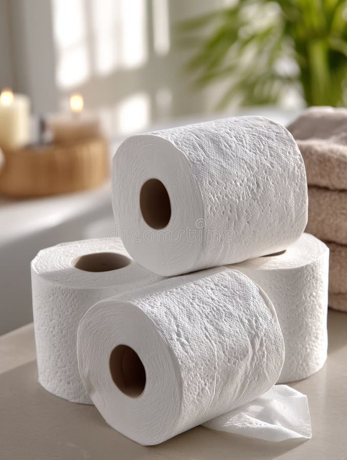Stack of Toilet Paper Rolls in a Bright Bathroom Setting. Stock Photo ...