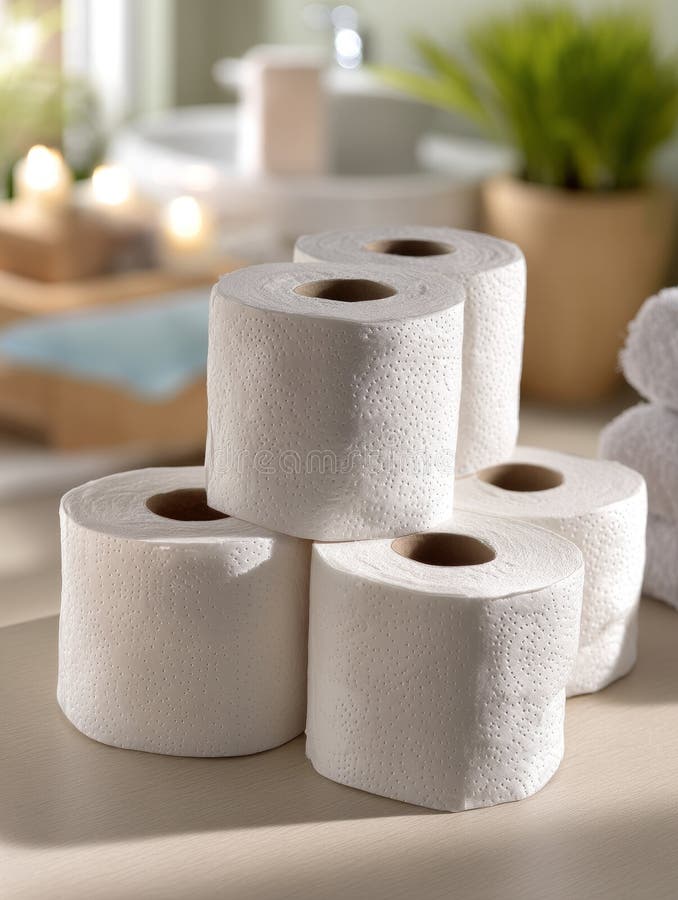 Stack of Toilet Paper Rolls in a Calming Bathroom Setting. Stock Photo ...