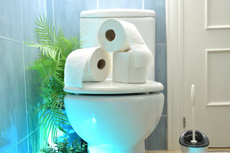 Stack of Toilet Papers on Bowl in a Blue Bathroom Stock Image - Image ...
