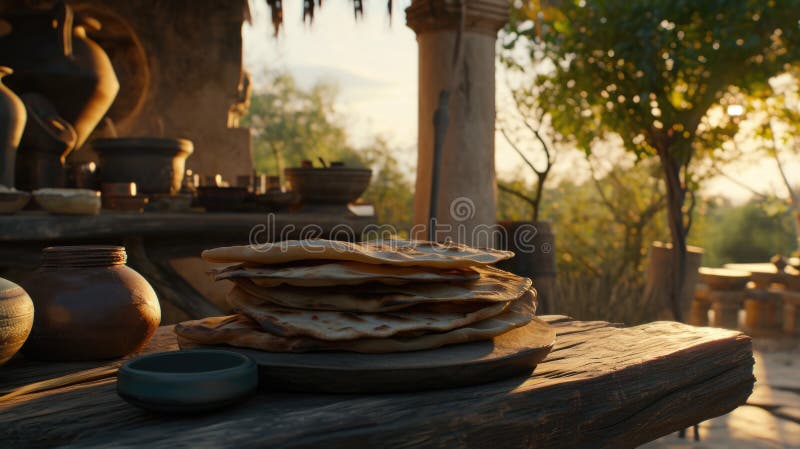 Stack of Tortillas Sits on a Wooden Table in Front of a House Stock ...