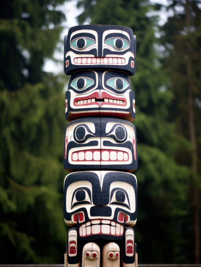 A Stack of Totem Poles with Faces Stock Illustration - Illustration of ...