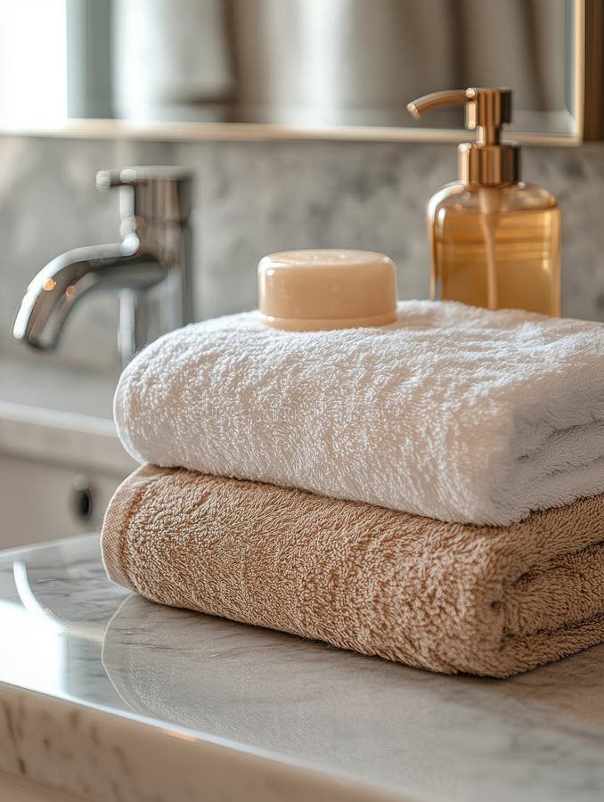 Stack of Towels and Soap on a Bathroom Countertop Stock Image - Image ...