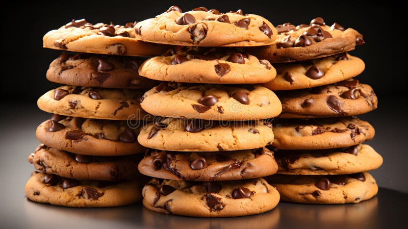 Stack Tower of Chocolate Chip Cookie Cookies on Background. Many ...