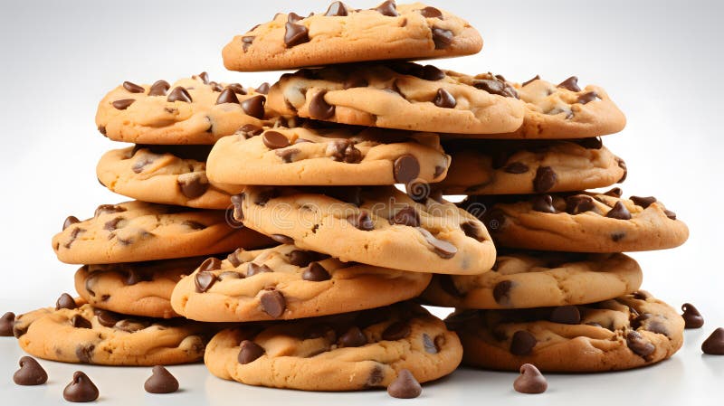 Stack Tower of Chocolate Chip Cookie Cookies on Background. Many ...