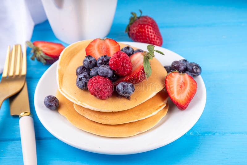 Stack of Traditional American Pancakes with Summer Berries Stock Photo ...