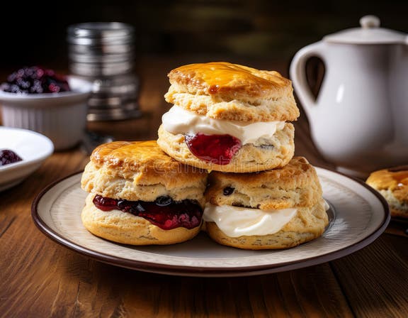 Stack of Traditional British Scones Served with Jam and Cream on a ...