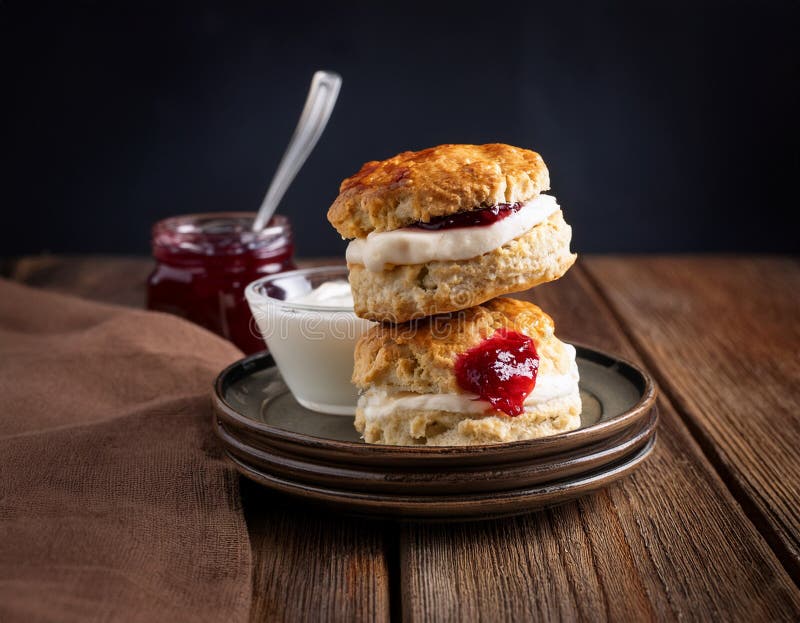 Stack of Traditional British Scones Served with Jam and Cream on a ...