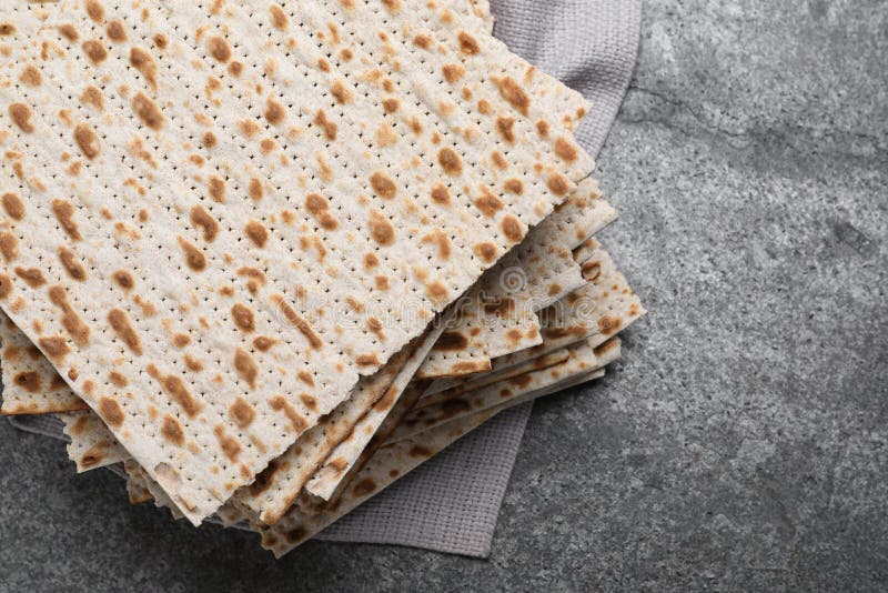 Stack of Traditional Matzos on Grey Table, Above View Stock Photo ...
