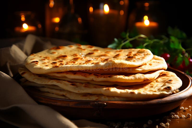 Stack of Traditional Naan Bread on the Table Isolated on Served Table ...