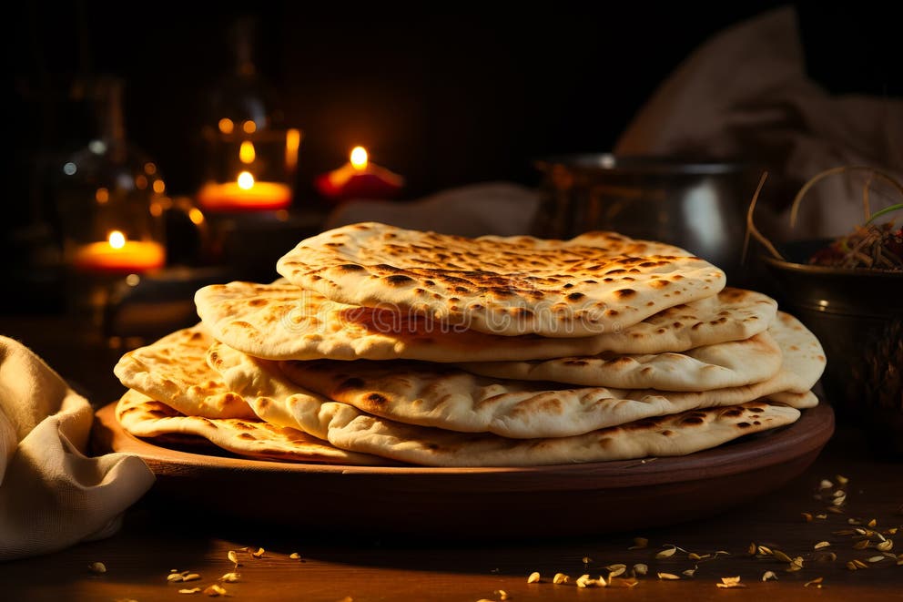 Stack of Traditional Naan Bread on the Table Isolated on the Served ...