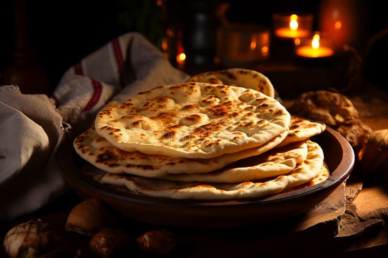 Stack of Traditional Naan Bread on the Table Isolated on Served Table ...