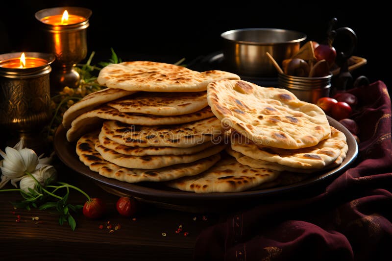 Stack of Traditional Naan Bread on the Table Isolated on Served Table ...