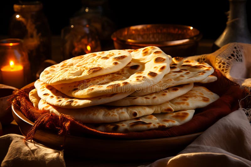 Stack of Traditional Naan Bread on the Table Isolated on Served Table ...