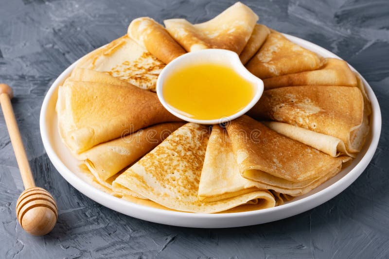 Stack of Traditional Russian Pancakes Blini on a White Table. Homemade ...