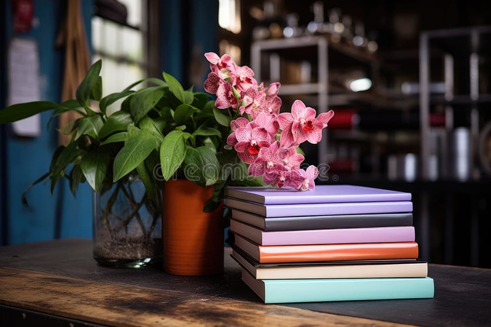 Stack of Training Manuals Next To a Decorative Plant Stock Photo ...