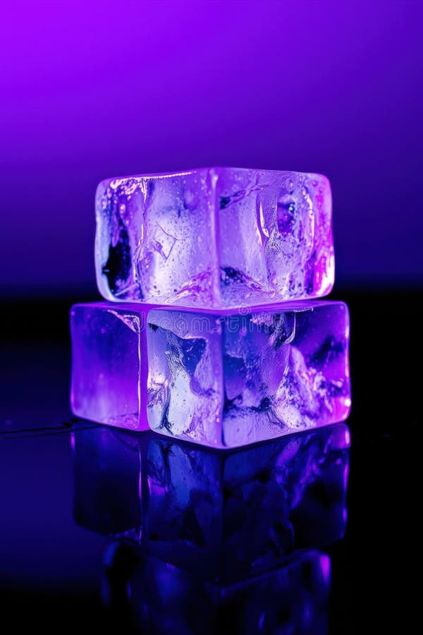 Stack of Translucent Ice Cubes with a Strong Purple Cast and Reflective ...