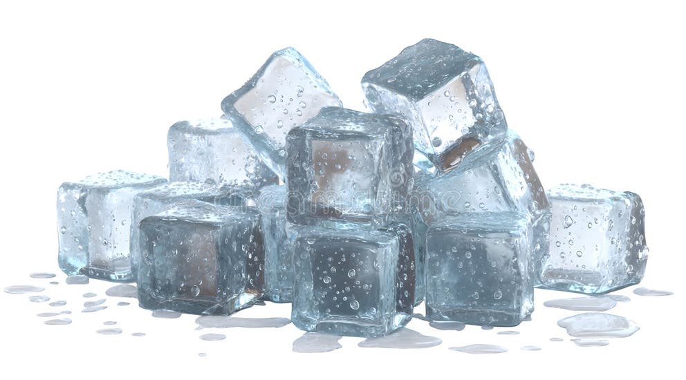 A Stack of Translucent Ice Cubes with Water Droplets on a White Background in a Close Up View ...
