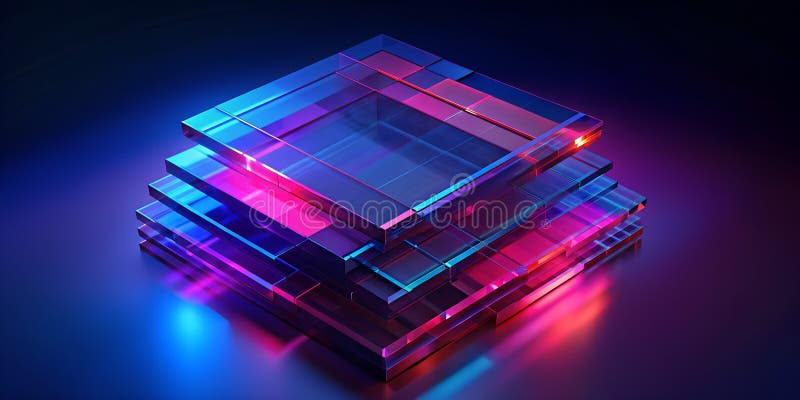 Stack of Transparent Squares with Blue and Pink Neon Accents on a Dark ...