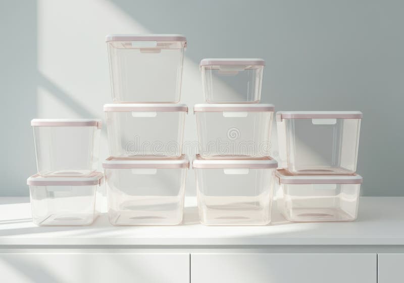 Stack of Transparent Storage Containers with Pink Lids on a White ...