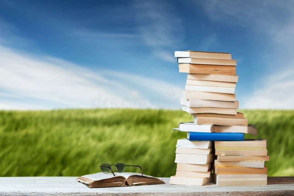 Stack of Travel Guides before a Green Meadow Stock Photo - Image of ...