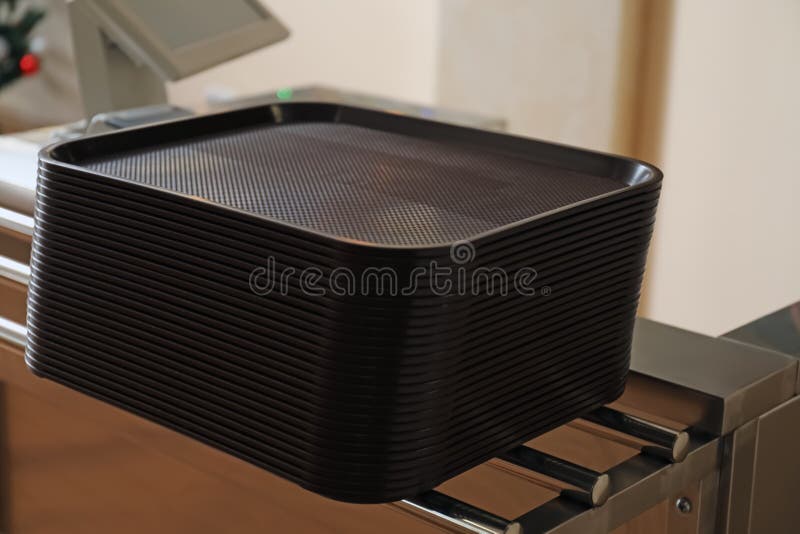 Stack of Trays for Food in School Canteen Stock Image - Image of buffet ...