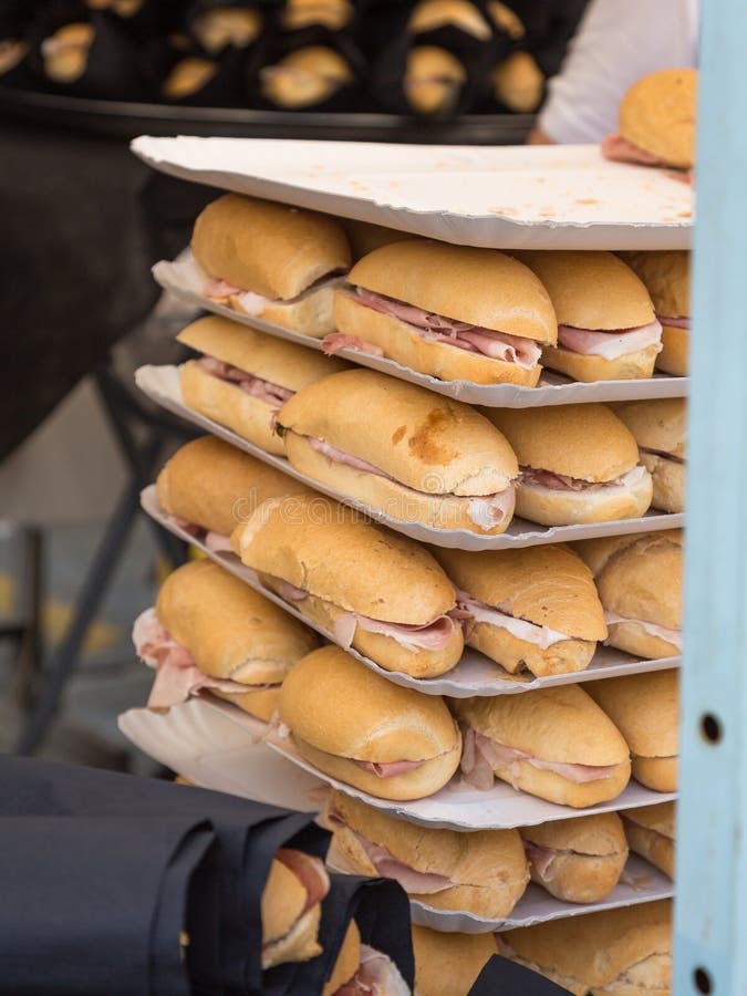 Stack of Trays with Fresh Sandwich Filled with Italian Ham Stock Photo ...