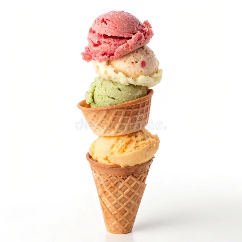 Triple Scoop Ice Cream Cone with Vanilla, Chocolate, and Strawberry ...