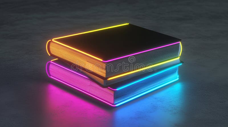 A Stack of Two Books with Neon Outlines on a Reflective Surface in a ...