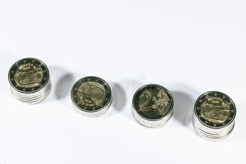 Stack of Two Euro Coins Minted in Spain on a White Background Stock ...