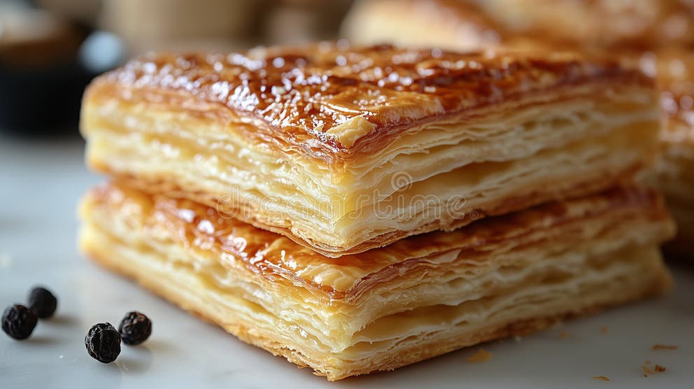 Stack of Two Golden Brown Puff Pastry Squares with Pepper Garnish Stock ...