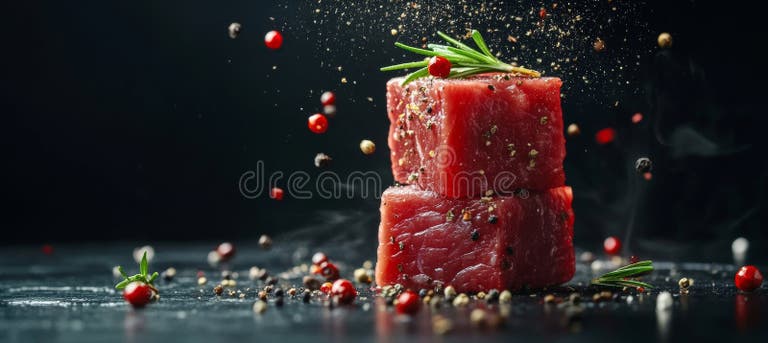 Stack of Two Premium Beef Cubes Garnished with Rosemary and Peppercorns ...