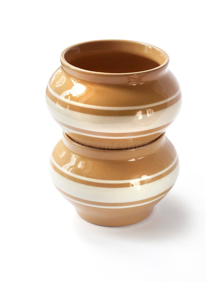 Stack of Twoo Glazed Ceramic Pots for Cooking on a White Background ...