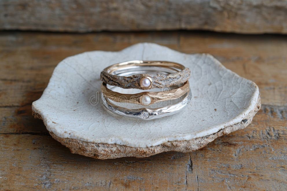 Stack of Unique Rings with Pearls and Diamond on a Textured Plate ...