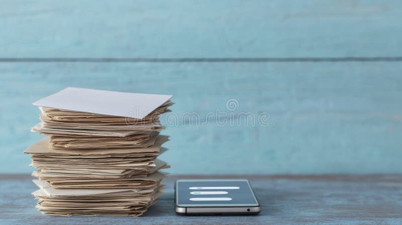 Stack of Unorganized Papers beside a Mobile Device on a Rustic Wooden ...