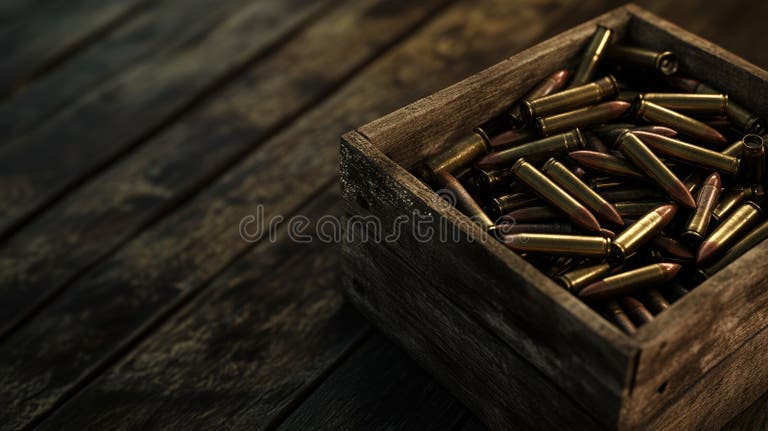 Unused Bullets Stacked in a Rustic Wooden Crate Against a Dark ...