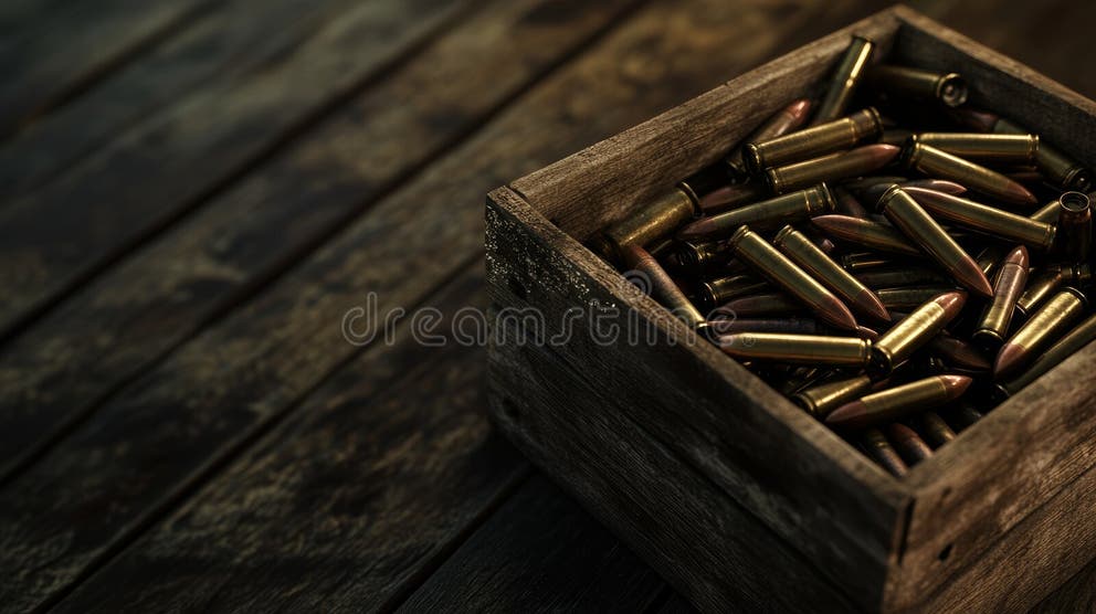Unused Bullets Stacked in a Rustic Wooden Crate Against a Dark ...