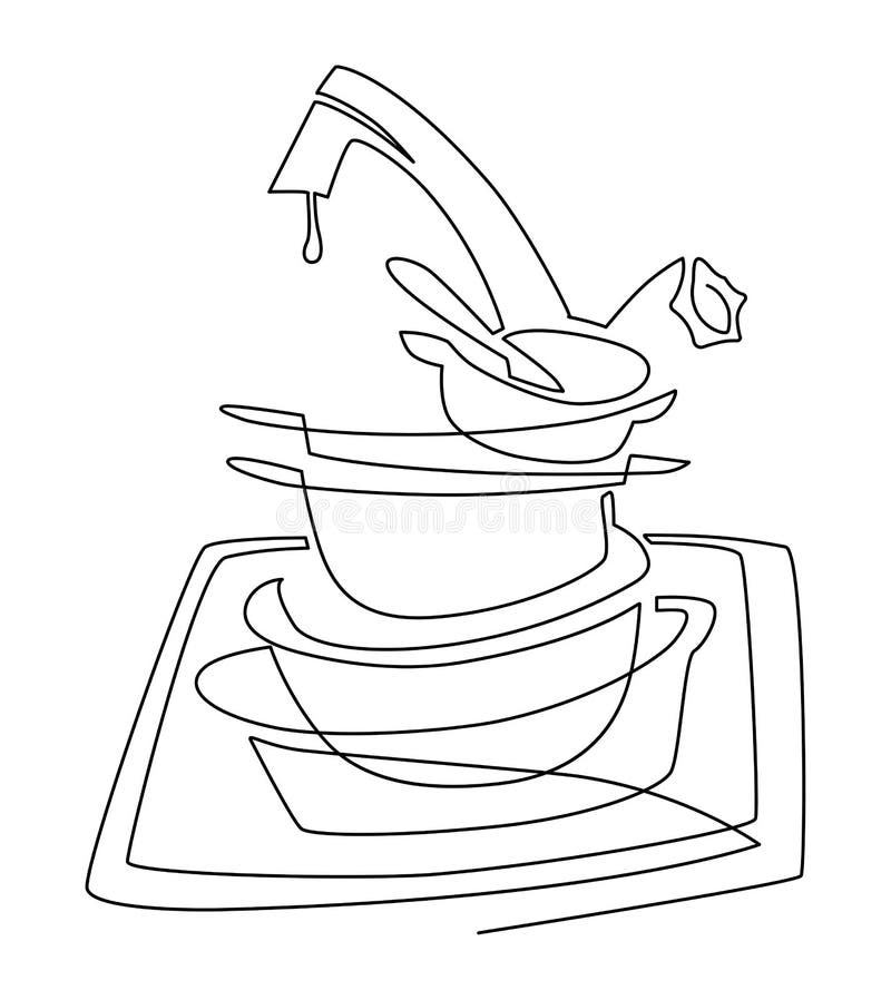 Stack of Unwashed Dishes. Dishes in the Kitchen Sink. Water Faucet ...