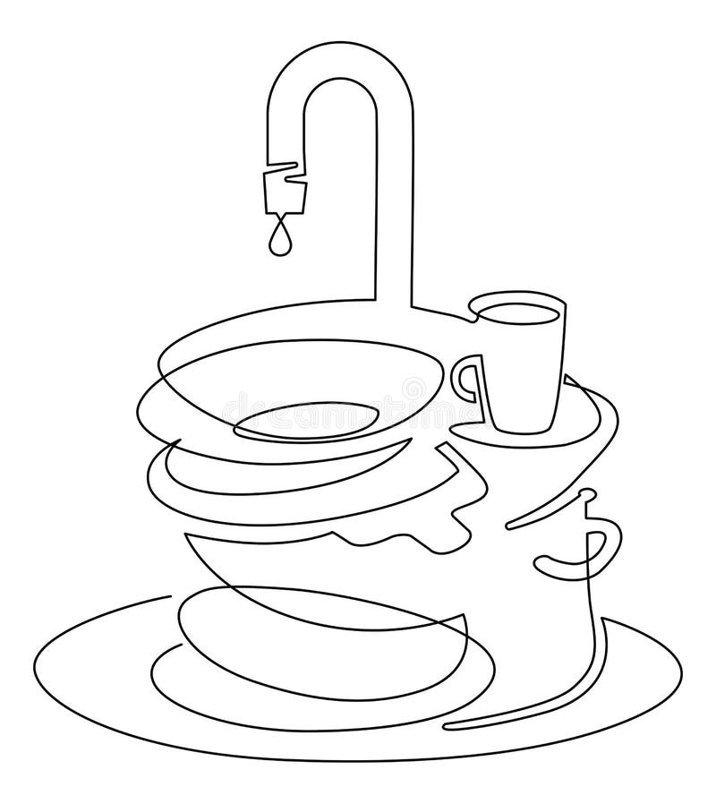 Stack of Unwashed Dishes. Dishes in the Kitchen Sink. Water Faucet ...
