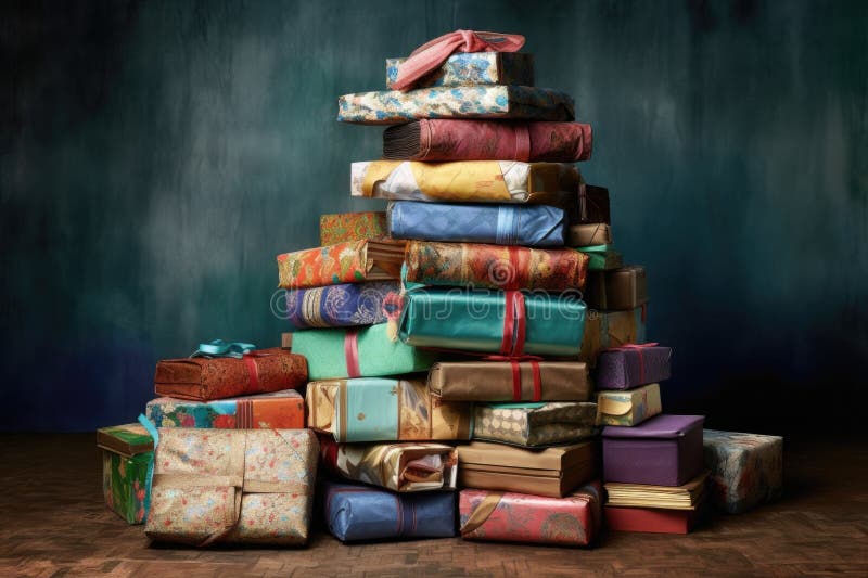 Stack of Unwrapped Presents with Wrapping Materials Stock Photo - Image ...