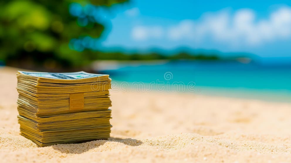 A Stack of Money Sitting on Top of a Sandy Beach Stock Image - Image of ...