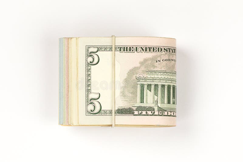 Stack of USA 5 Dollars Isolated on White Background. Stock Photo ...