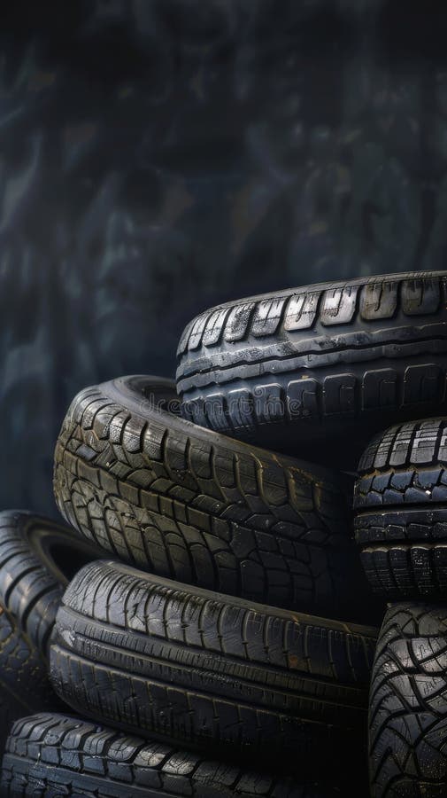 Stack of Used Car Tires with Dark Background, Recycling and Waste ...