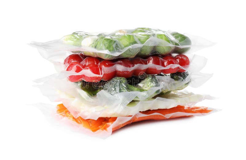 Stack of Vacuum Packs with Different Food Products on White Background ...