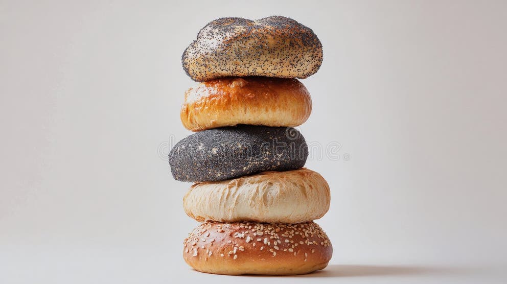 Stack of Various Bagels Arranged Neatly on a Light Background Stock ...