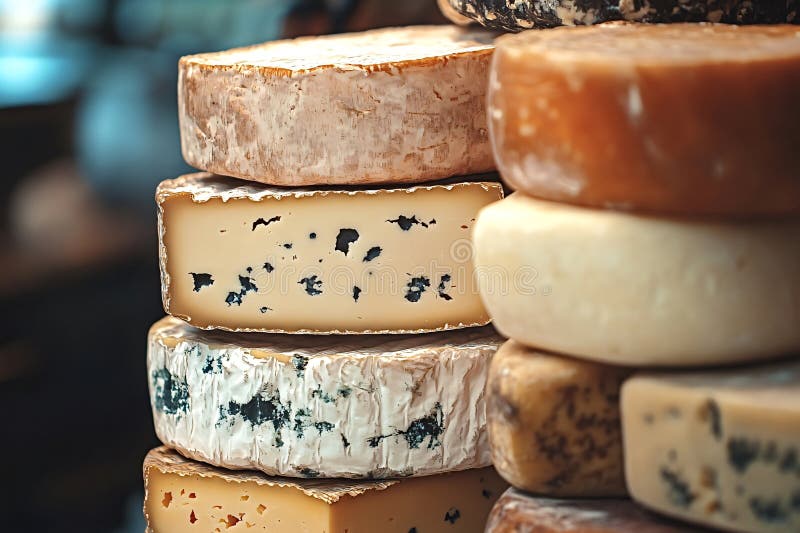 Stack of Various Cheese Wheels Forming a Tempting Display Stock Photo ...