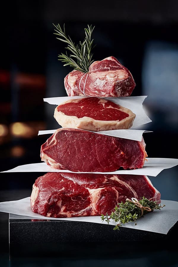 Stack of Various Kind of Raw Beef. Meat Pyramid for Steak Restaurants ...