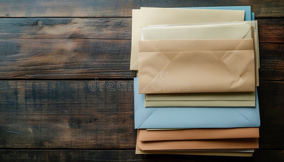 Stack of Various Paper Envelopes on Wooden Table, Closing. Mail Stock ...