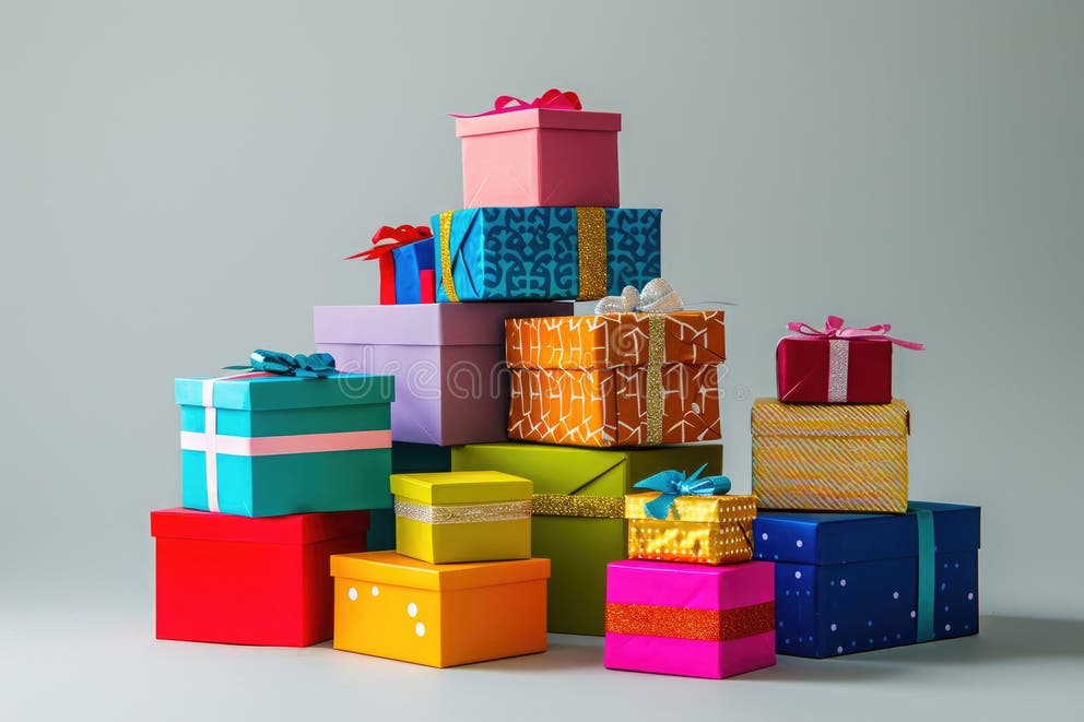 A Stack of Various Vibrant Presents, Each Individually Wrapped ...