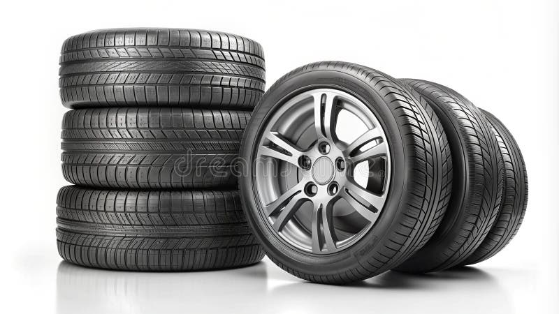 A Stack of Vehicle Wheels and Tires Isolated from the White Background ...